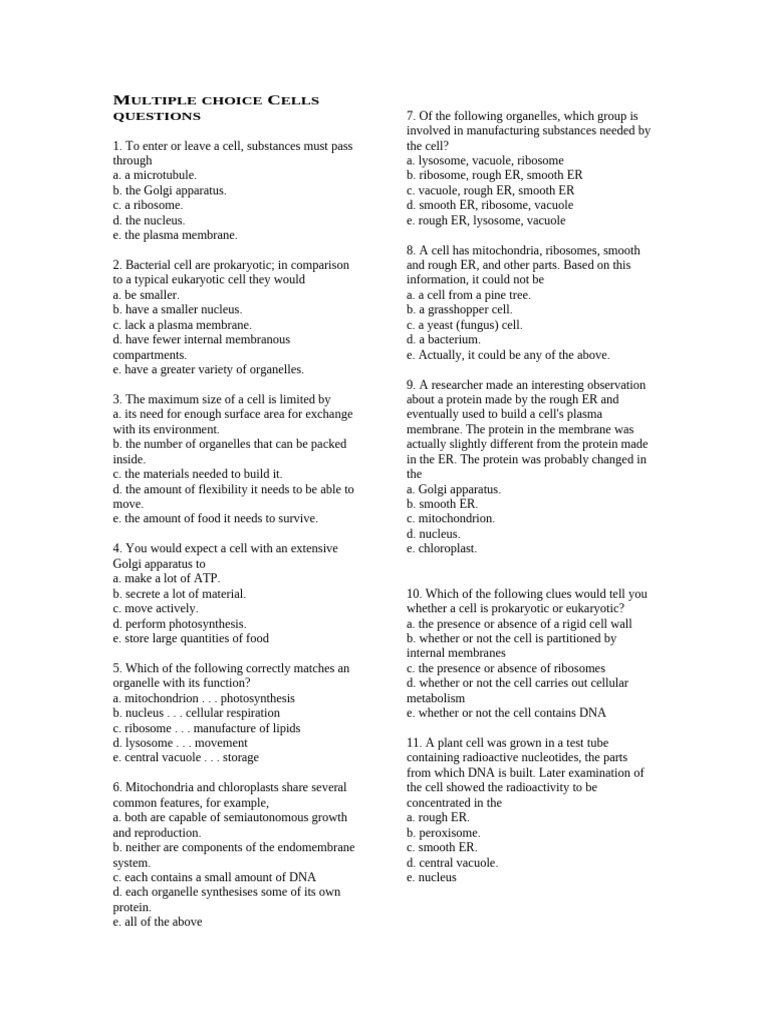 Multichoice test on cell | PDF | Cell (Biology) | Organelle