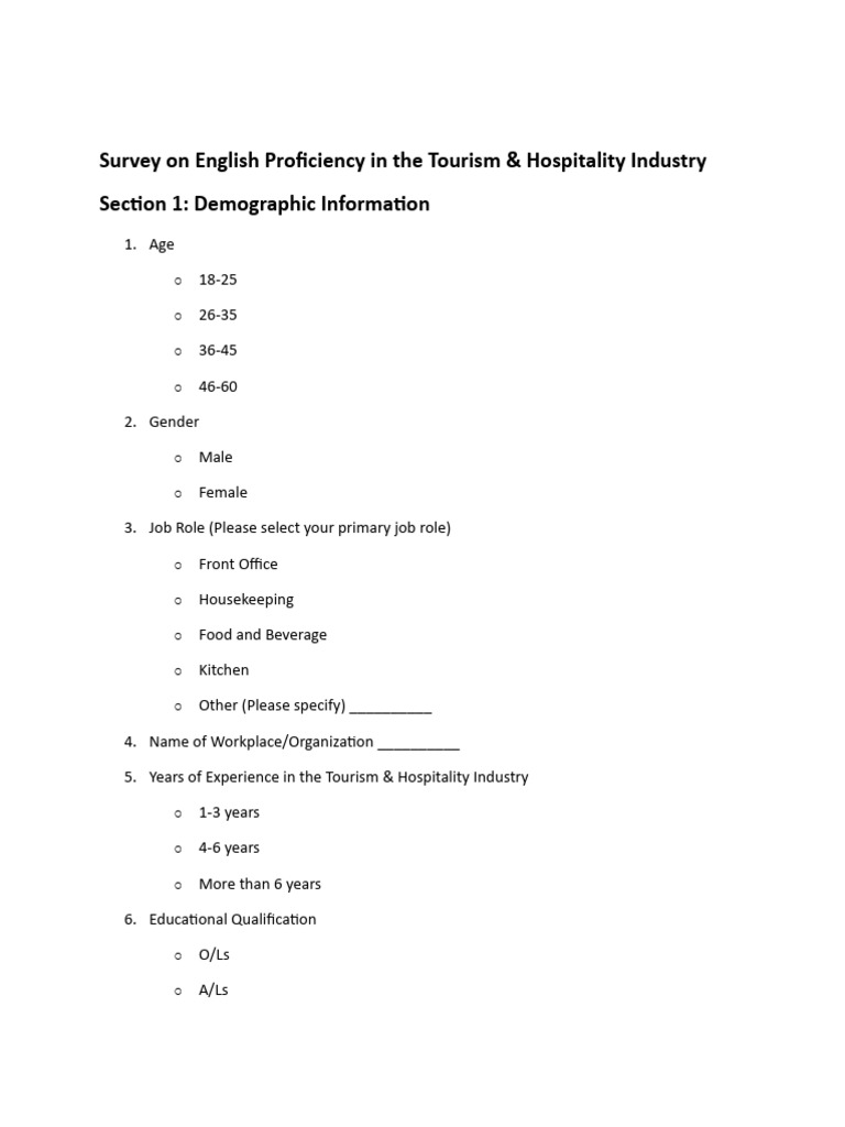 English Proficiency Survey in Hospitality | PDF | English Language ...