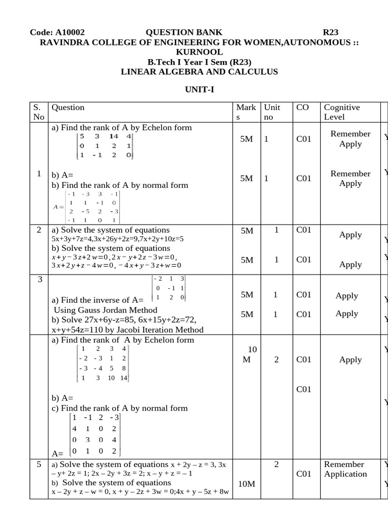 Linear Algebra and Calculus Question Bank | PDF | Derivative | Applied ...