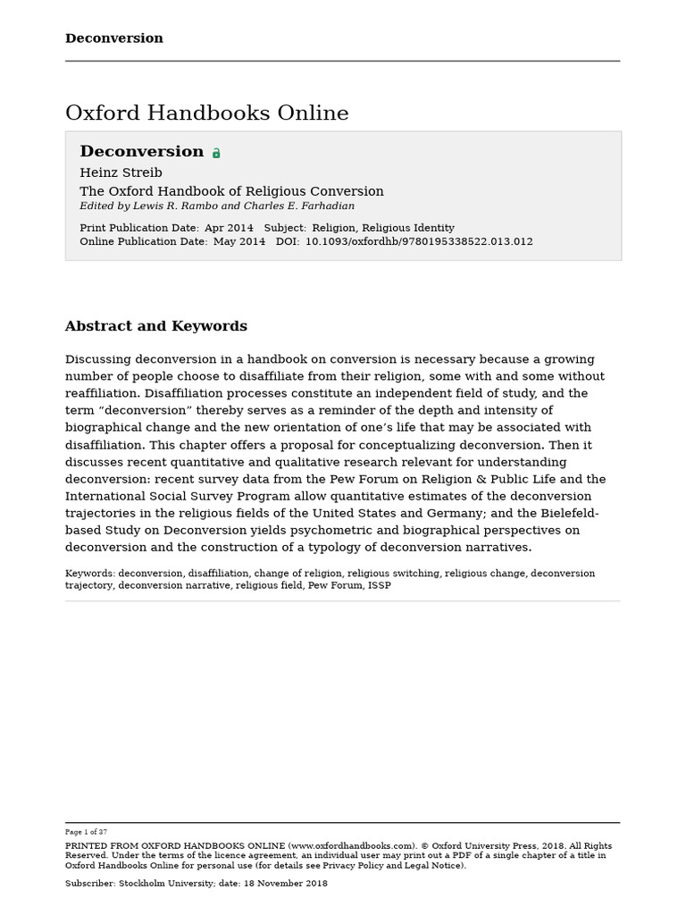 The Oxford Handbook of Religious Conversion Deconversion (Rambo, Lewis ...