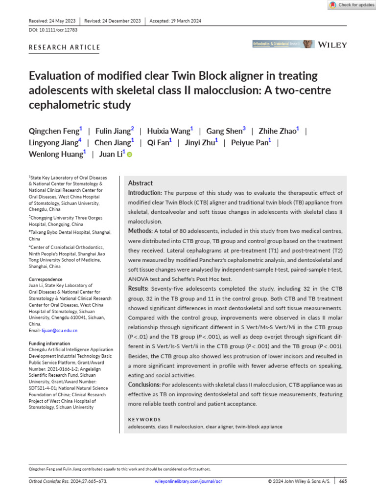 Orthod Craniofacial Res 2024 Feng Evaluation of Modified Clear Twin ...