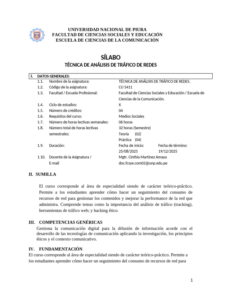 Sílabo Técnicas de Análisis de Tráficos de Redes (1) | PDF ...