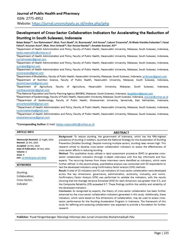 Cross-Sector Indicators for Stunting Reduction | PDF | Governance ...