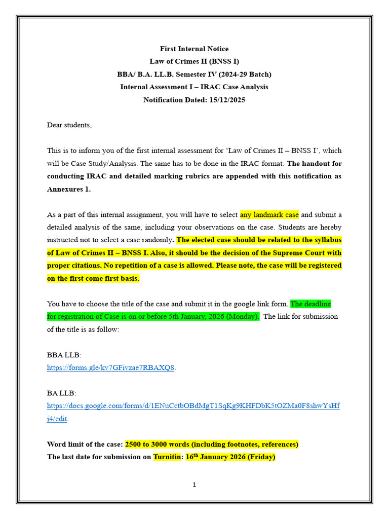 Bnss First Internal Notice Bba b Llb 2024 29 Batch | PDF | Justice ...