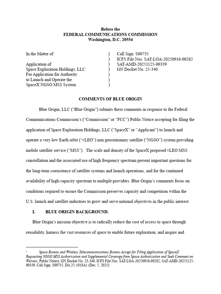 Blue Origin Comments on SpaceX vLEO MSS Application | PDF ...