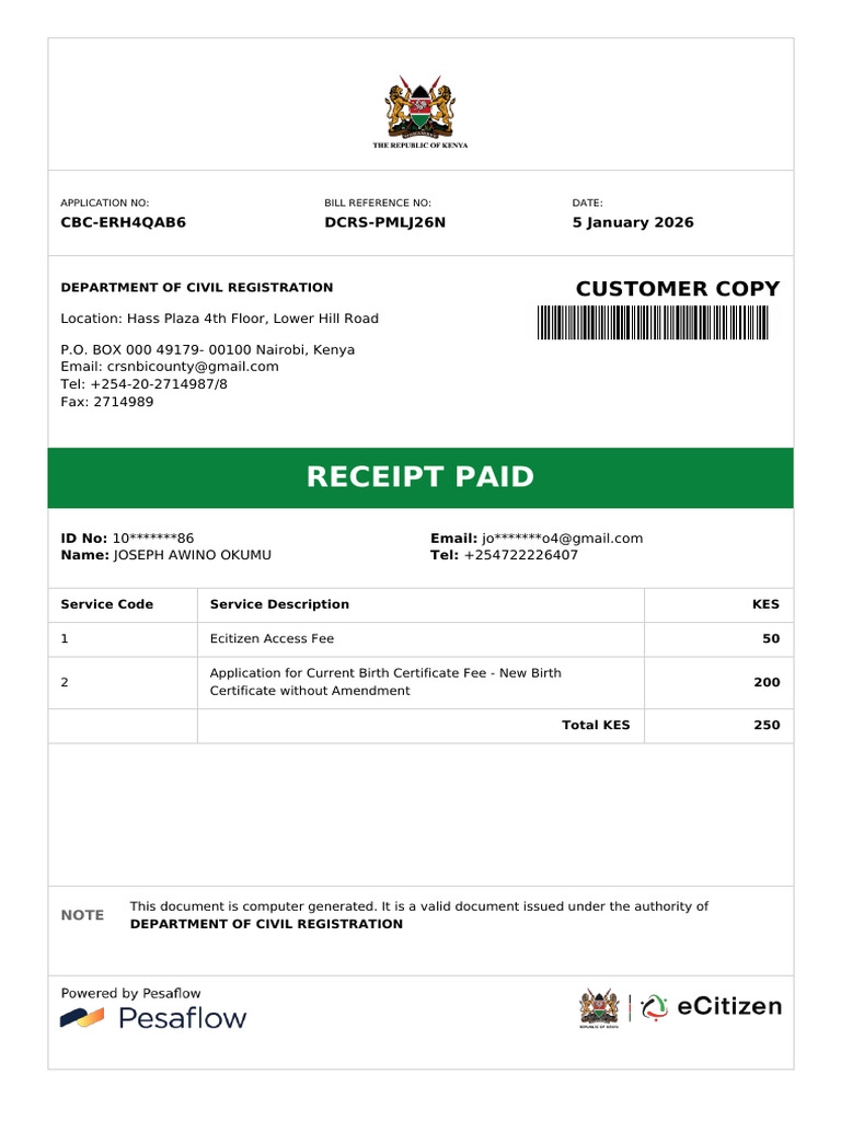 Cbc Erh4qab6 Civil Registration Receipt | PDF | Government And Personhood