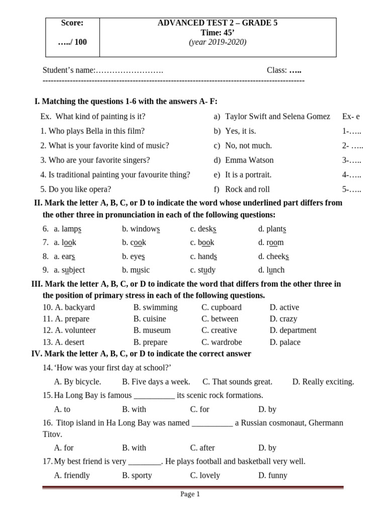 Grade 5 Advanced Test 2 Questions | PDF