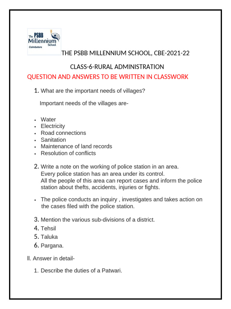 Rural Administration-class-6-Question and Answers | PDF