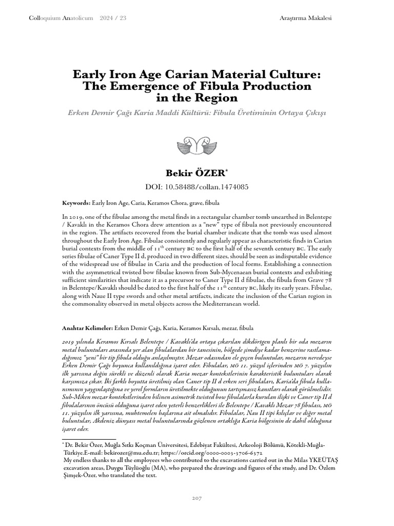 Özer, B., Early Iron Age Carian Material Culture | PDF | Iron Age ...
