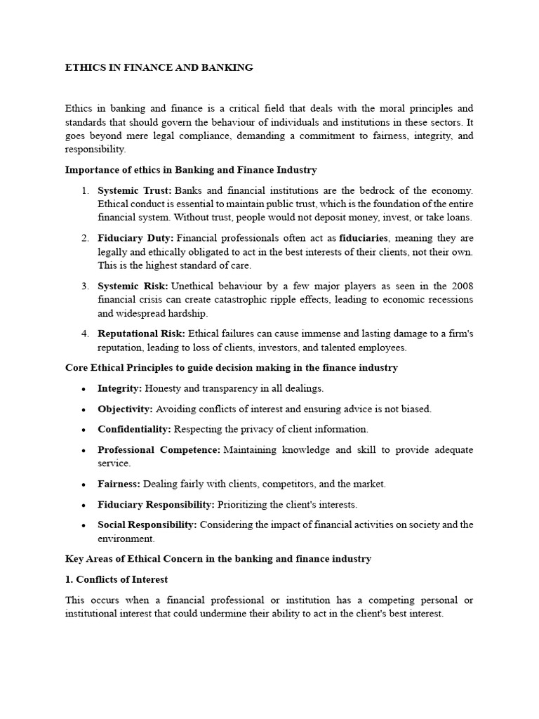 Ethics in Banking and Finance Explained | PDF | Banks | Conflict Of ...