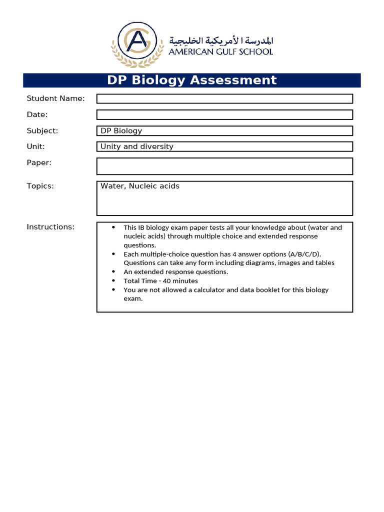 DP Biology Molecules Exam | PDF | Nucleotides | Dna
