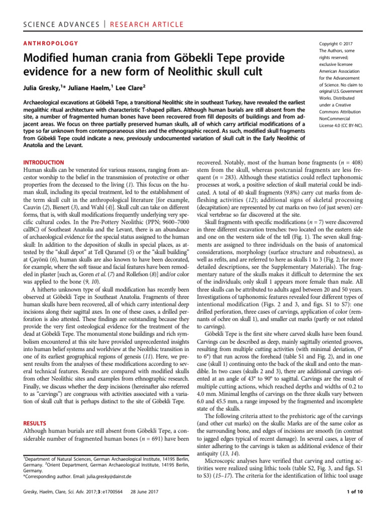 Modified human crania from Göbekli Tepe provideevidence for a new form ...