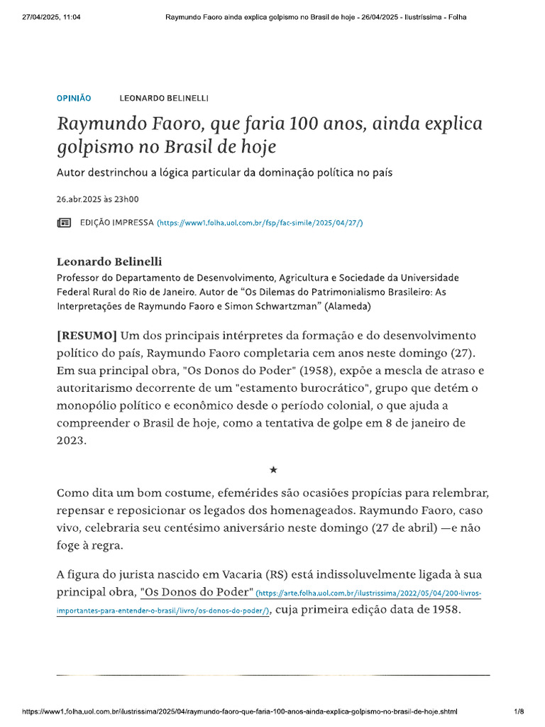 BELINELLI, Folha 27.04.2025 - Raymundo Faoro, Que Faria 100 Anos, Ainda ...