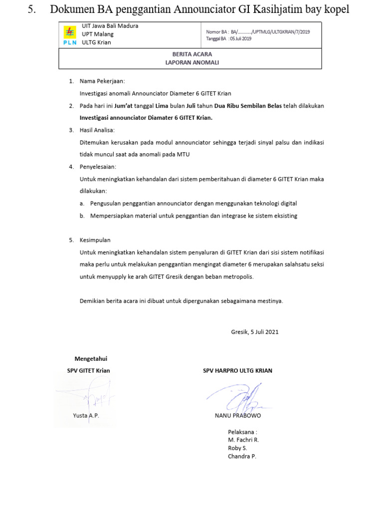 Laporan Anomali Announciator GITET Krian | PDF
