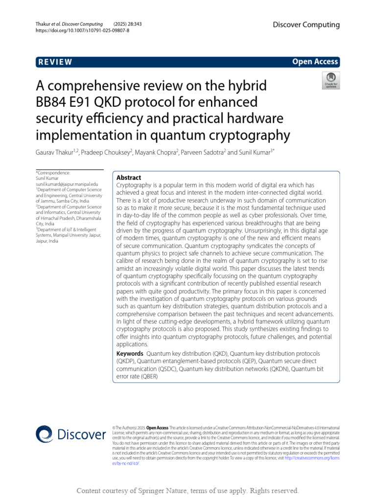 A Comprehensive Review on the Hybrid BB84 E91 QKD | PDF | Encryption ...
