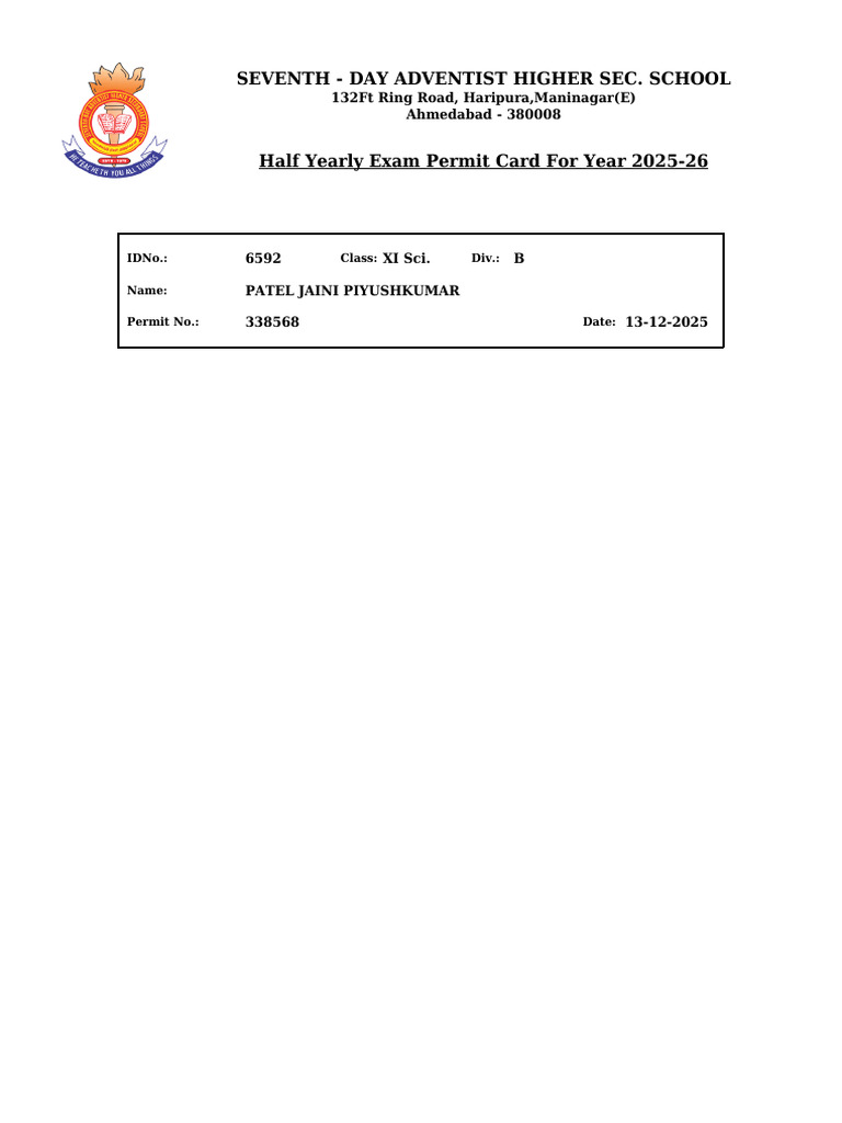 2025-26 Exam Permit Card for Class XI | PDF