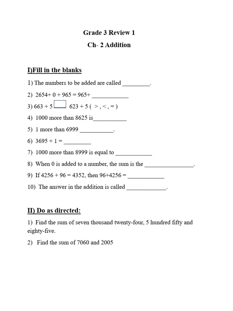 Grade 3 Addition Review Exercises | PDF