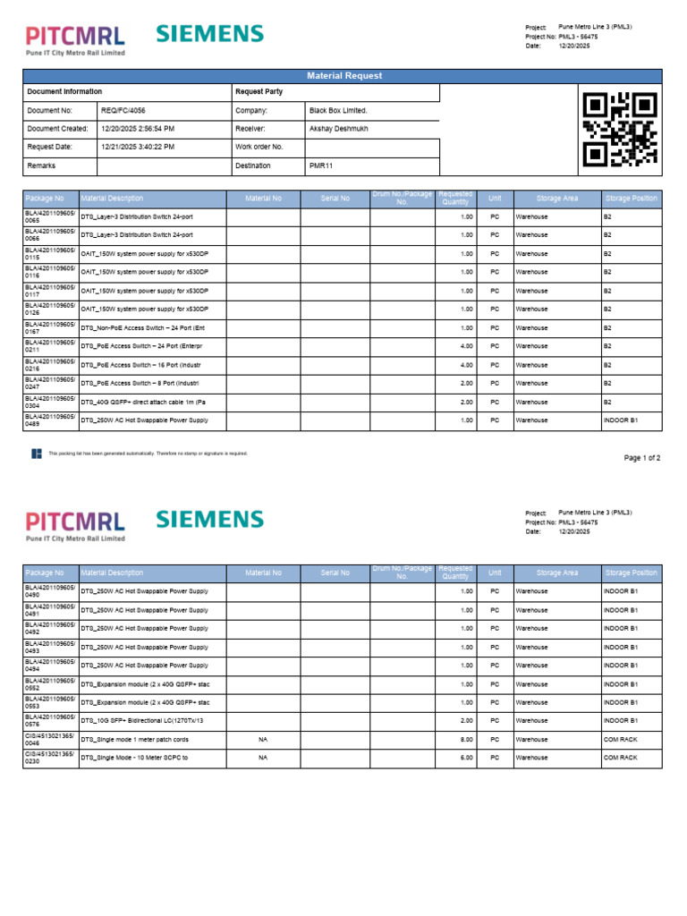 Pune Metro Line 3 Material Packing List | PDF | Warehouse | Computer ...