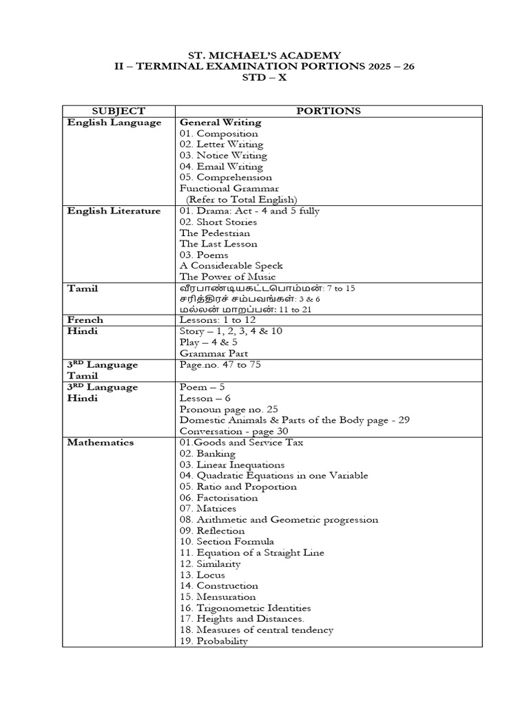 STD X 2ND TERMINAL PORTIONS 25 - 26 ST Micheals Academy | PDF | Equations