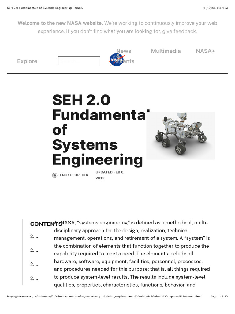 SEH 2.0 Fundamentals of Systems Engineering - NASA | PDF | Systems ...