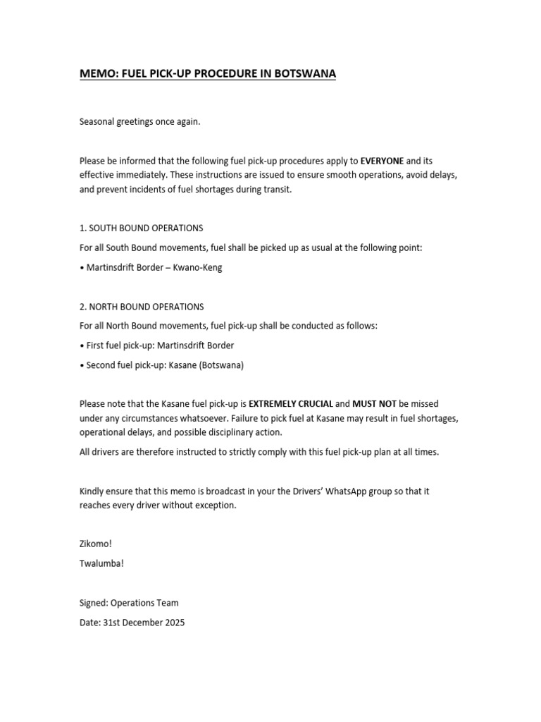 Fuel Pick-Up Memo Botswana | PDF