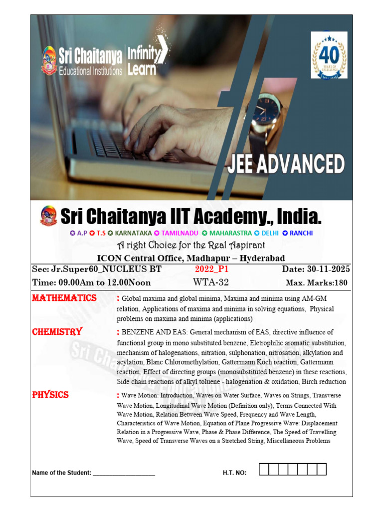 30-11-2025 Jr.super60 Nucleus Bt Jee-Adv(2022-p1) Wta-32 q. Paper | PDF ...