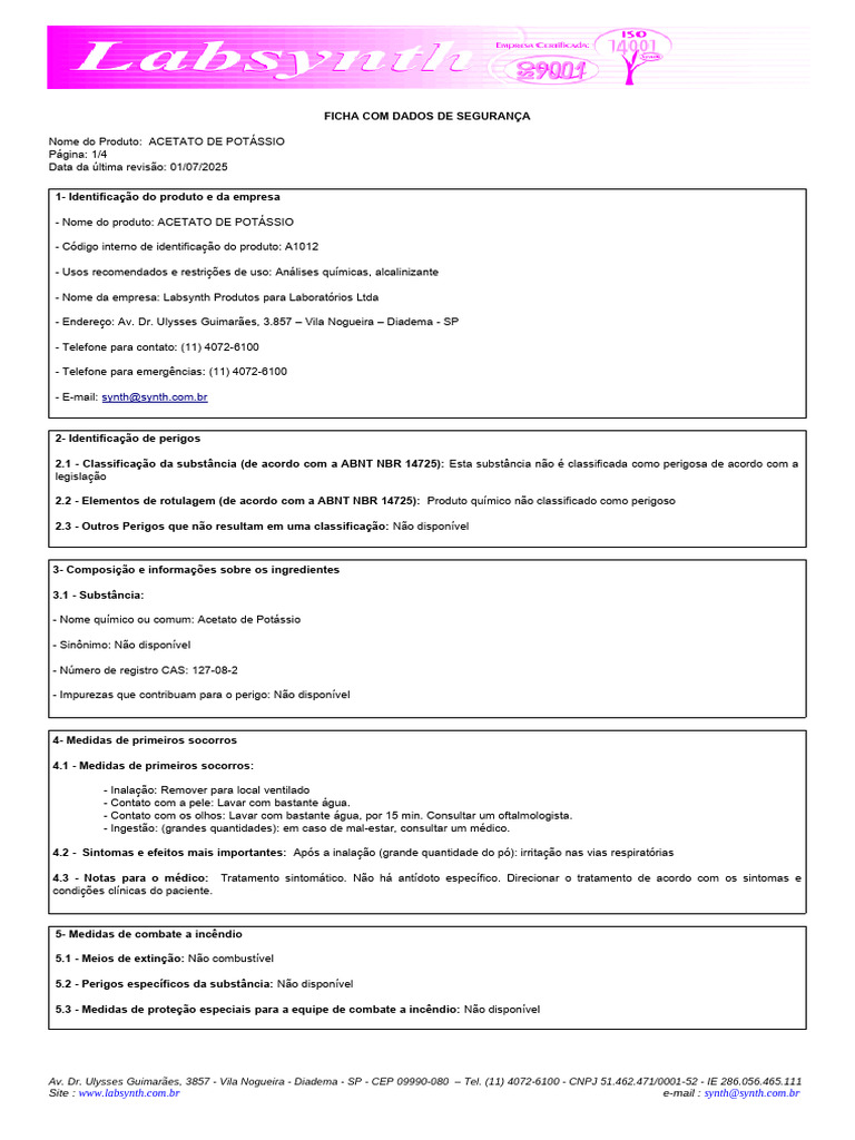 Ficha de Segurança: Acetato de Potássio | PDF | Solubilidade | Toxicidade
