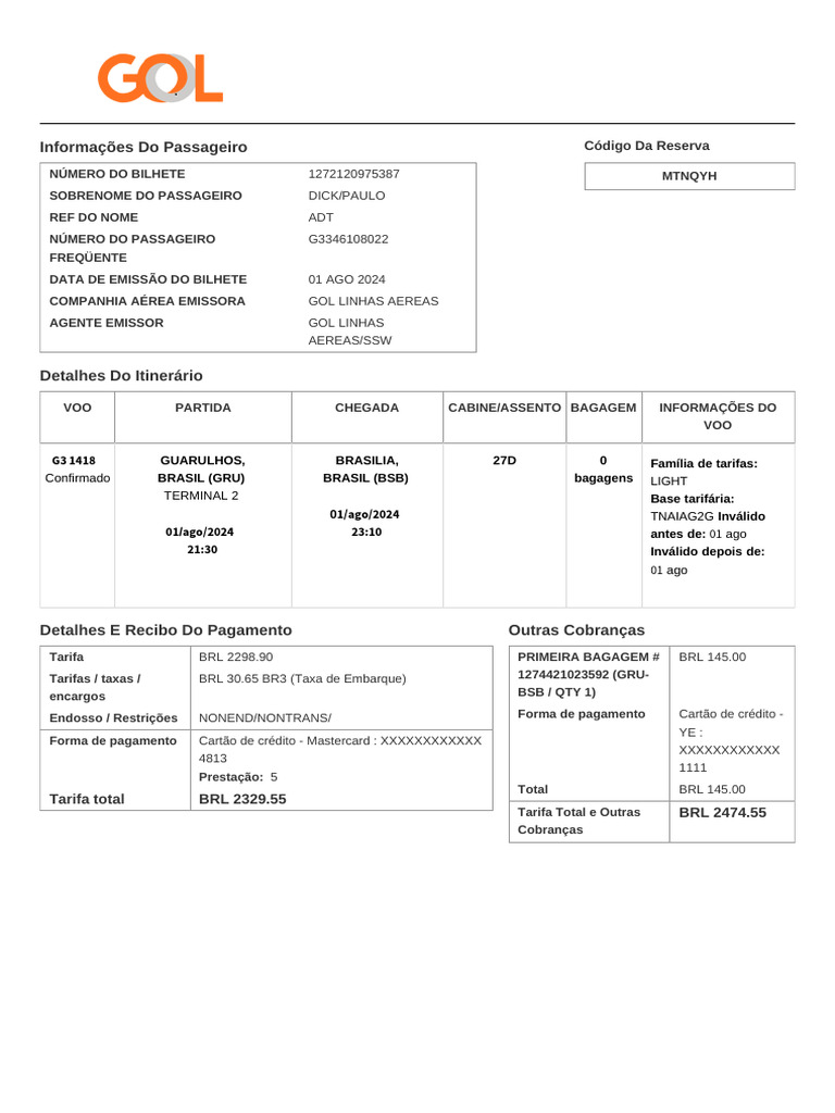 Informações do Bilhete GOL 1418 | PDF | Cartão de crédito