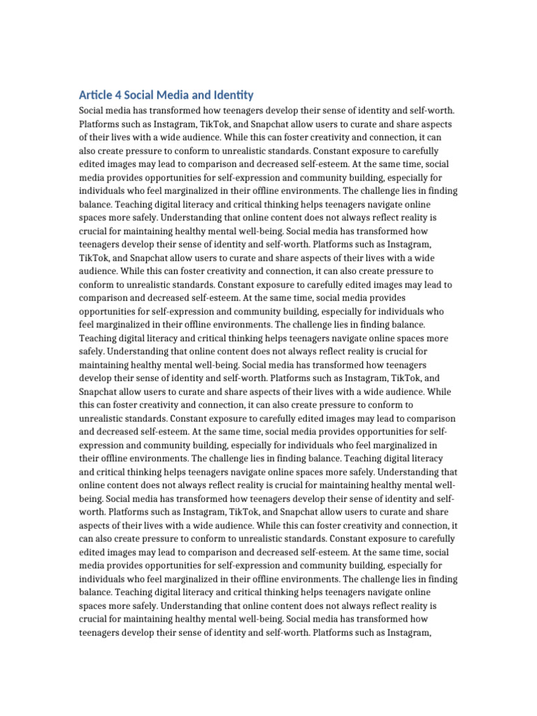 Social Media's Impact on Teen Identity | PDF | Self Esteem | Adolescence