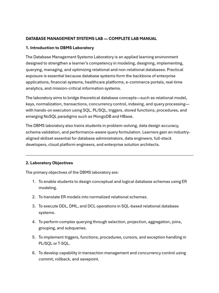 DATABASE MANAGEMENT SYSTEMS LAB — COMPLETE LAB MANUAL | PDF | Databases | Pl/Sql