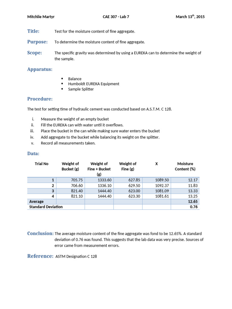 Lab 7 - Surface Moisture in Fine Aggregate | PDF