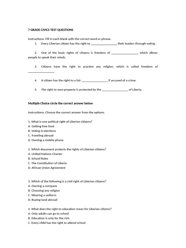 7th Grade Civics Test Questions | PDF