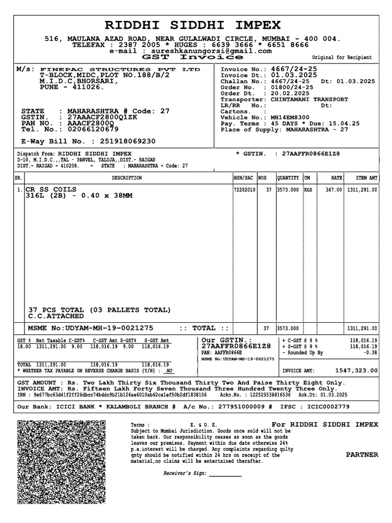 Finepac Structures PVT LTD Invoice No. 4667 With Eway | PDF