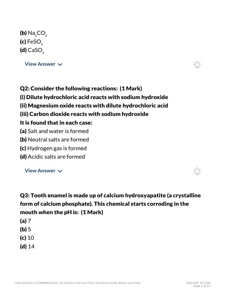 Class 10 Science: Acids, Bases, Salts Quiz | PDF | Sodium Carbonate ...