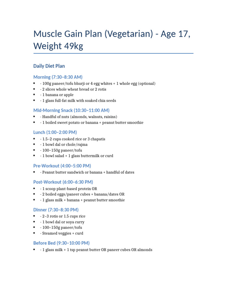 Muscle Gain Veg Diet Workout Plan | PDF