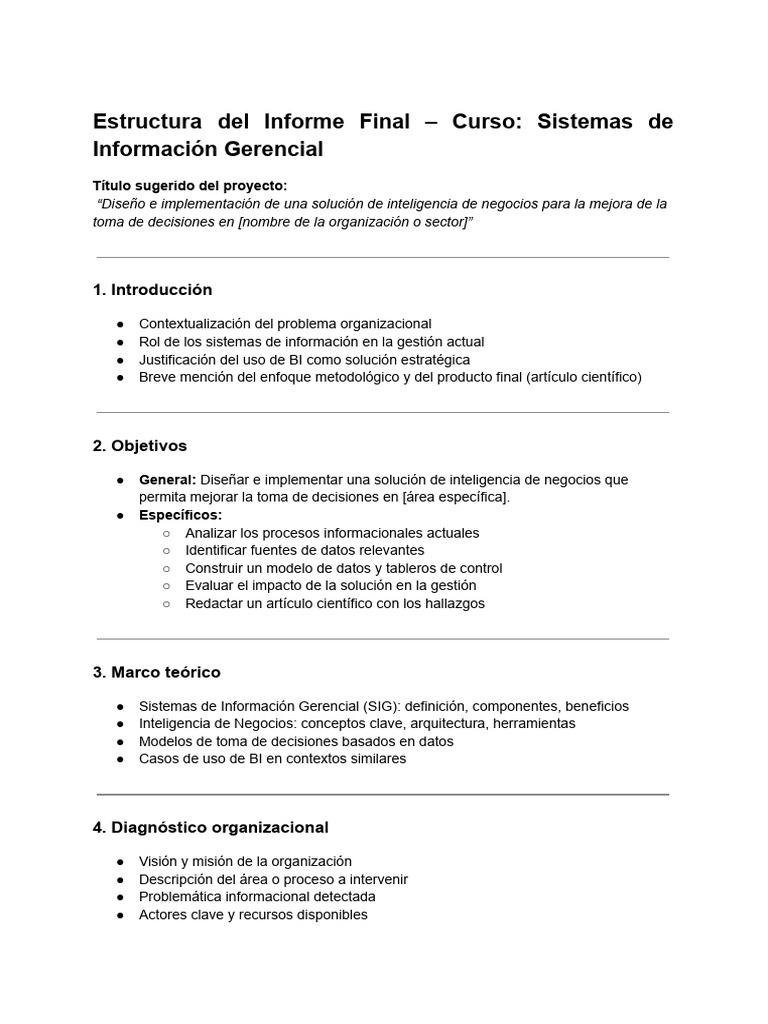 Estructura Del Informe Final - Curso - Sistemas de Informaci-N Gerencial | PDF | Toma de ...