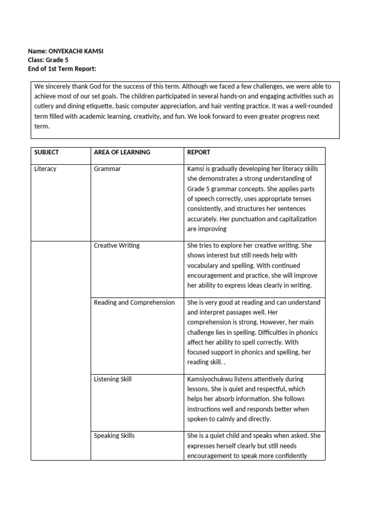 Kamsi's report | PDF | Phonics | Reading Comprehension