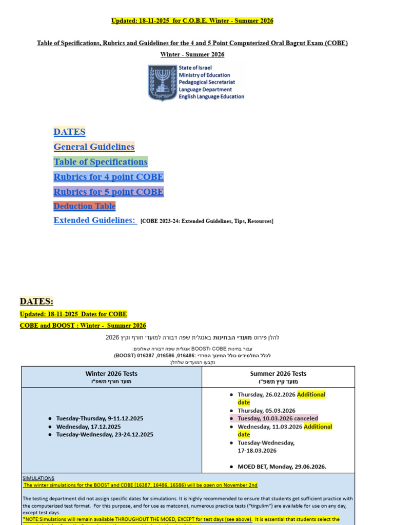 COBE Exam Guidelines for Winter-Summer 2026 | PDF | Reading ...