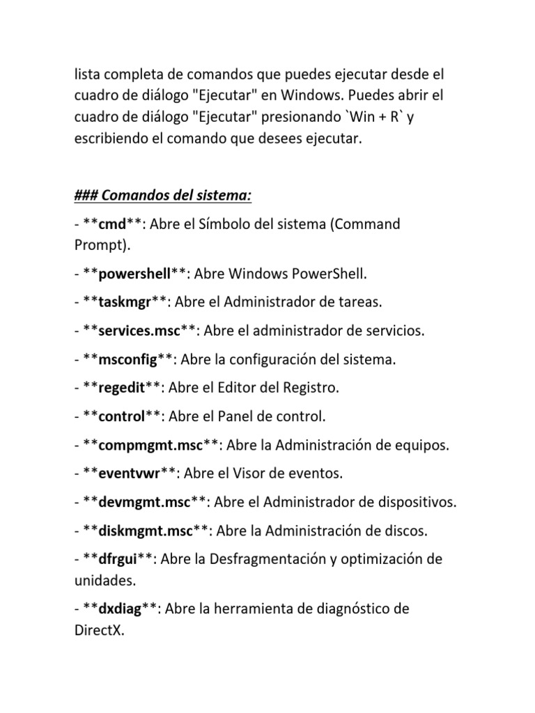 Comandos útiles del cuadro "Ejecutar" en Windows | PDF | Windows 10 ...
