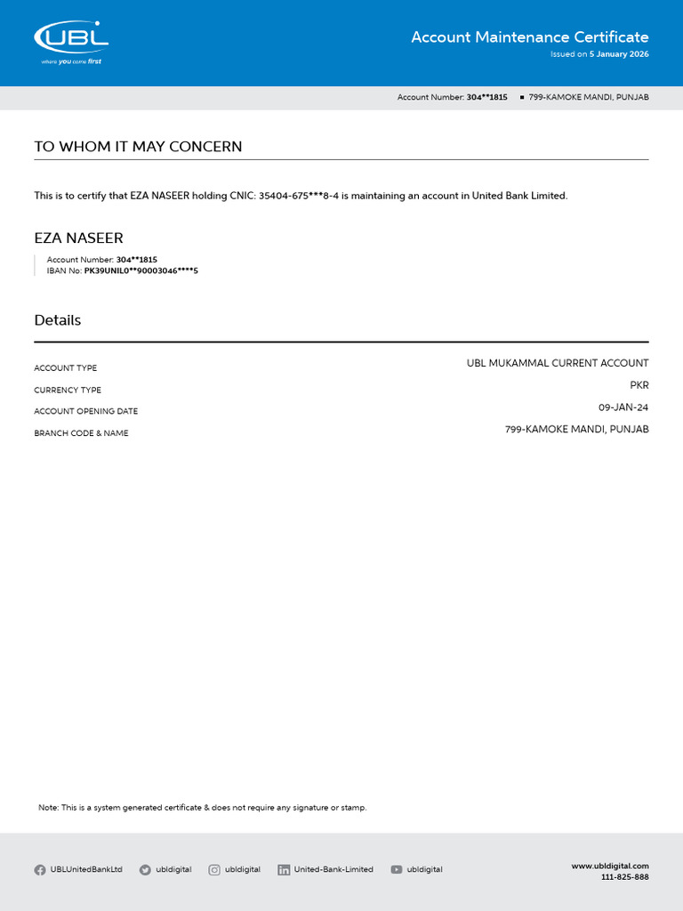 Account Maintenance Certificate UBL | PDF