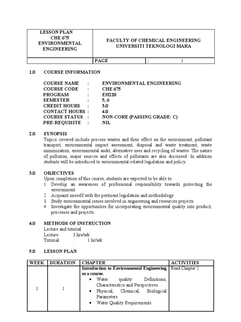 CHE675 Lesson Plan | PDF | Environmental Engineering | Waste Management