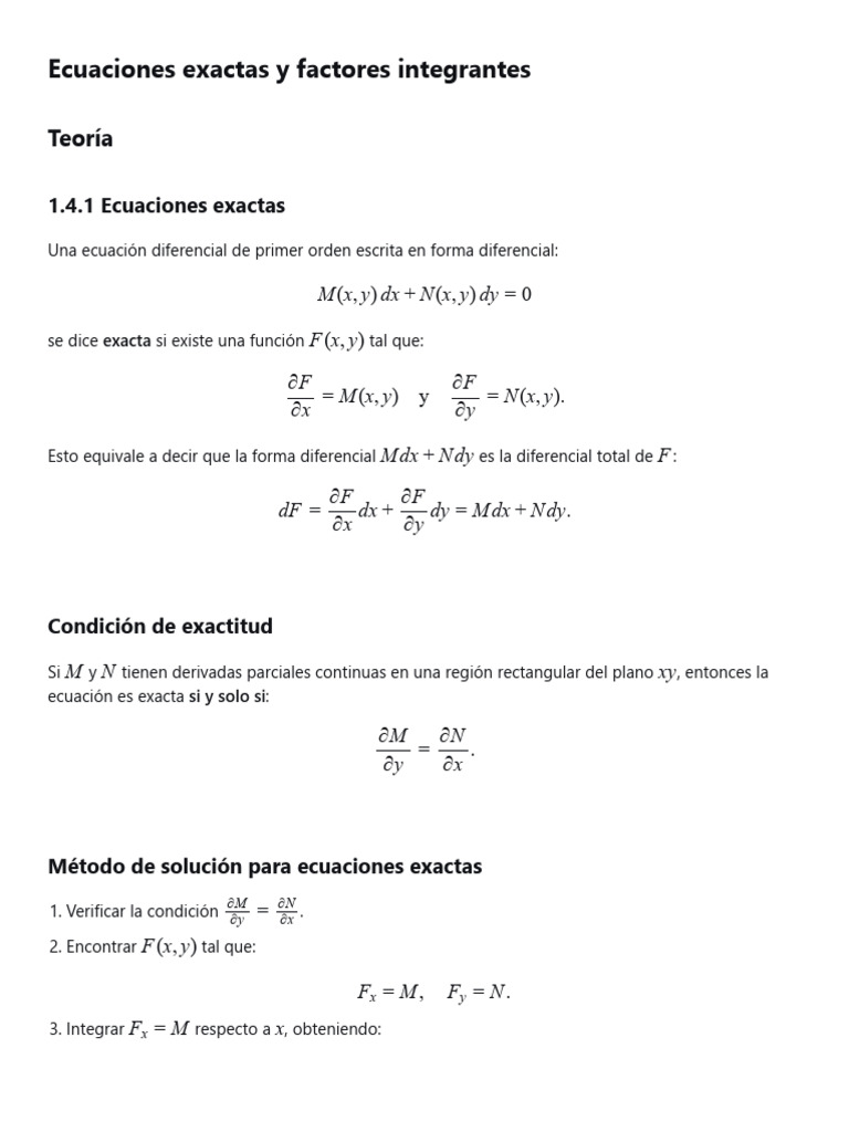 Ecuaciones Exactas y Factores Integrantes | PDF | Integral | Ecuaciones