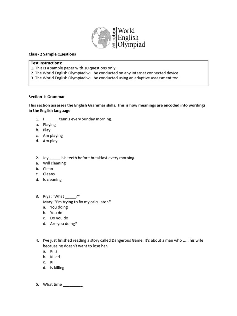 Class 2 English Olympiad Sample Test | PDF | Reading Comprehension