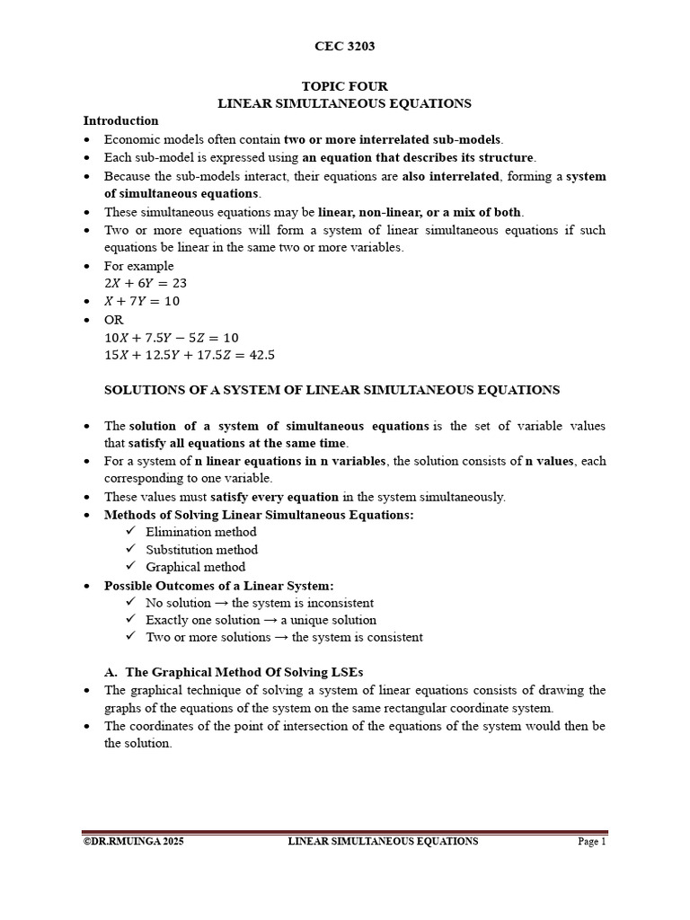 Cec 3203 Topic 4 Linear Simultaneous Equations | PDF | Demand | Economic Equilibrium