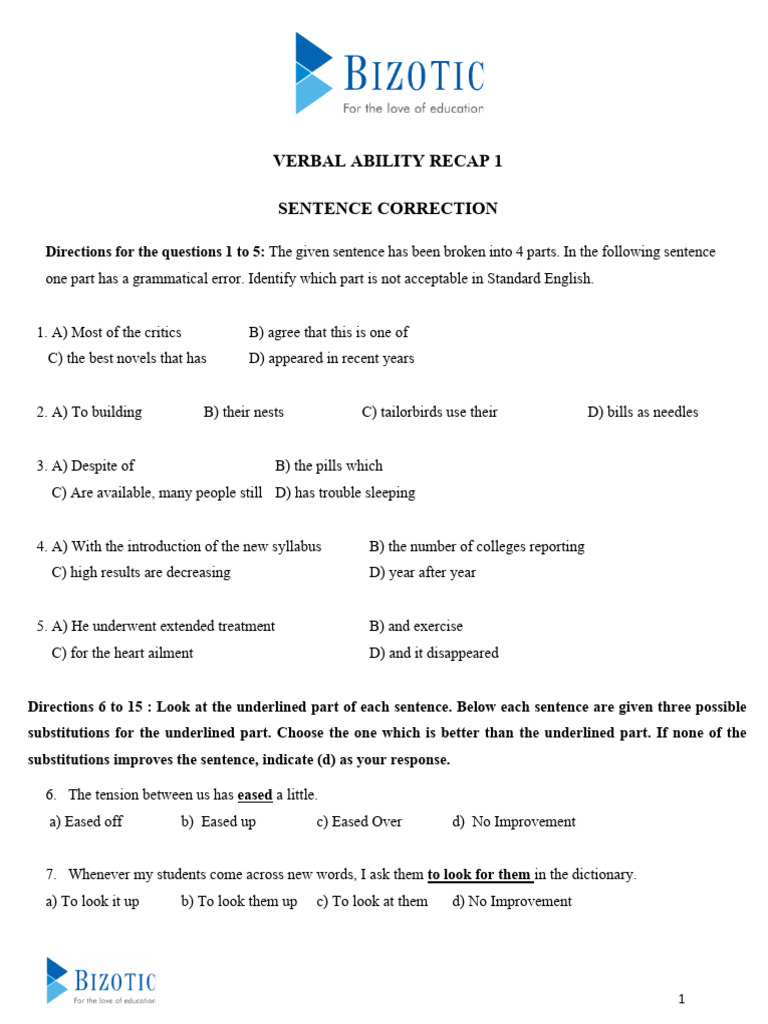 Verbal Ability 1 - GSSS - Student Handout | PDF