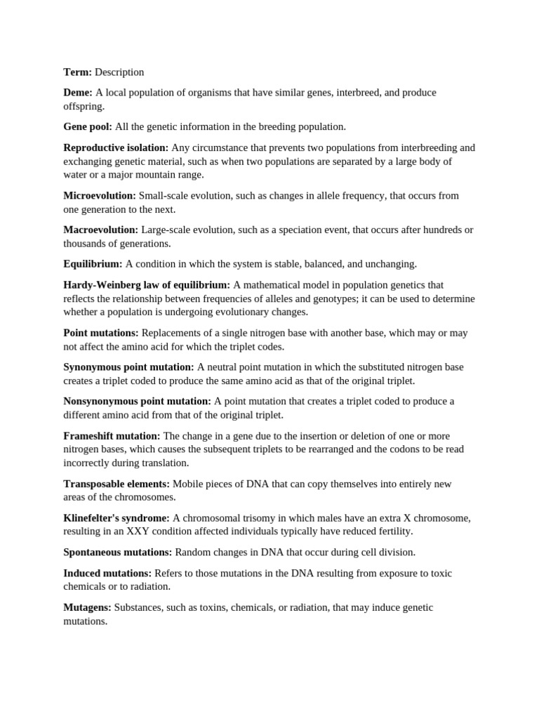CH 04 Population Genetics - Vocabulary Definitions | PDF | Mutation ...