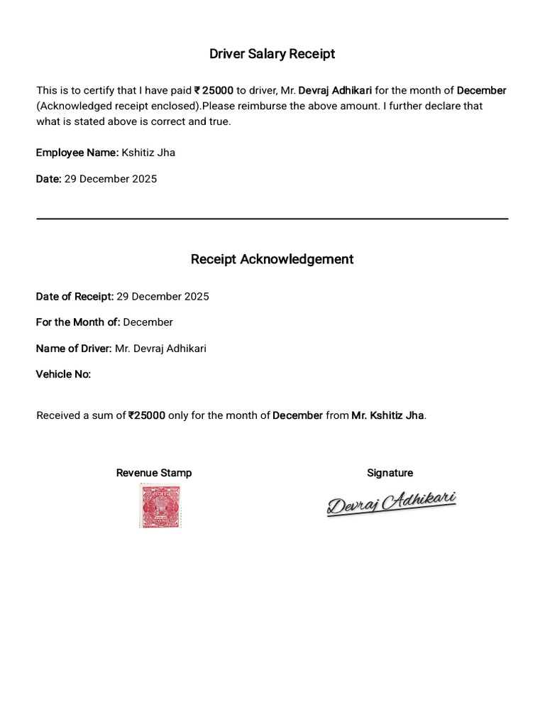 December Driver Salary Receipt | PDF