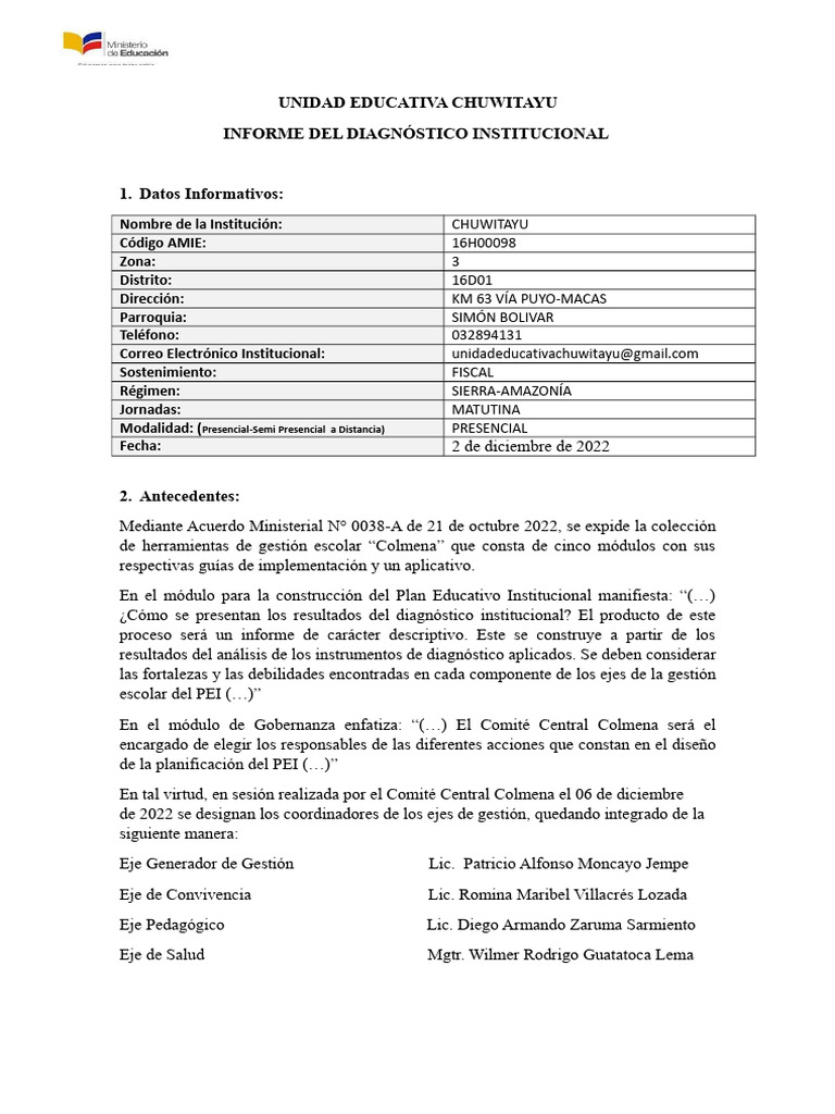 ejm-informe-del-diagnostico-institucional | PDF | Enseñando | Institución