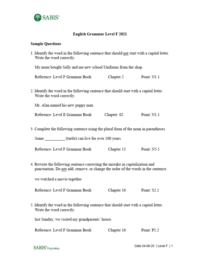 Level F English Grammar Sample Questions | PDF