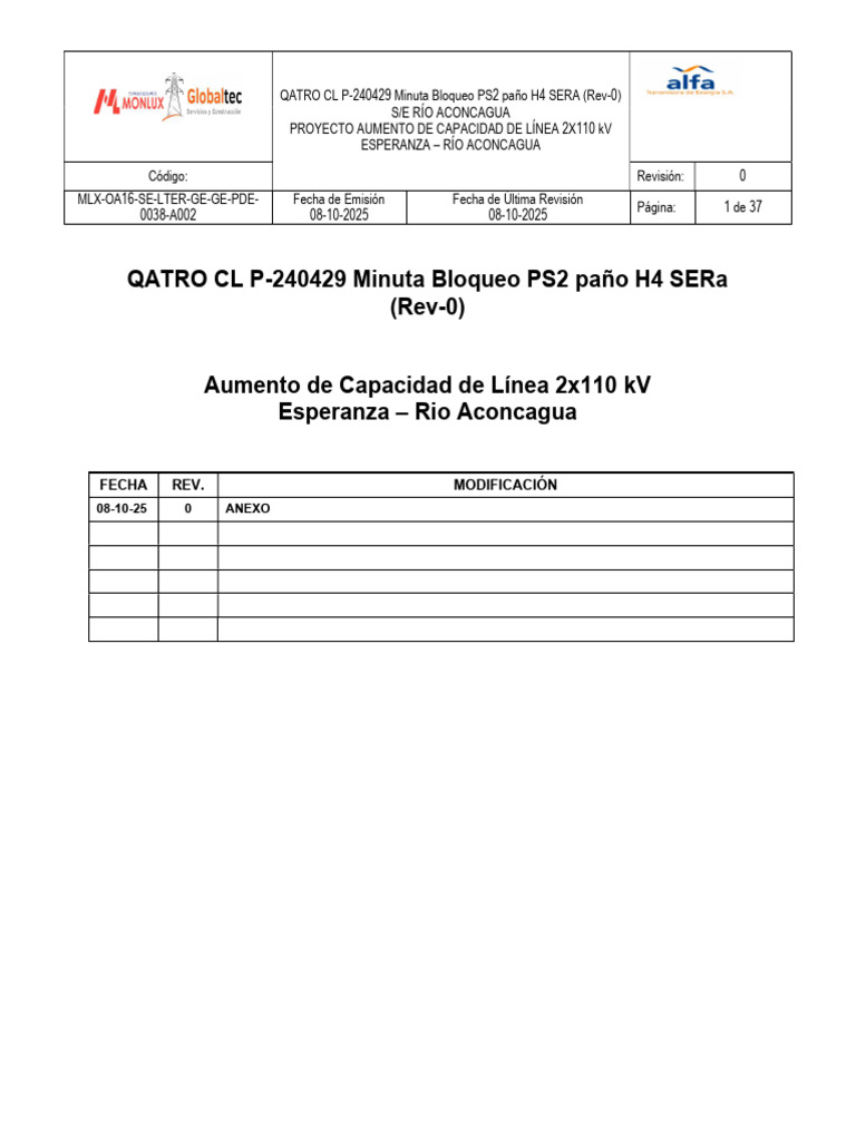 QATRO CL P-240429 Minuta Bloqueo PS2 Paño H4 SERa Rev-0 | PDF ...